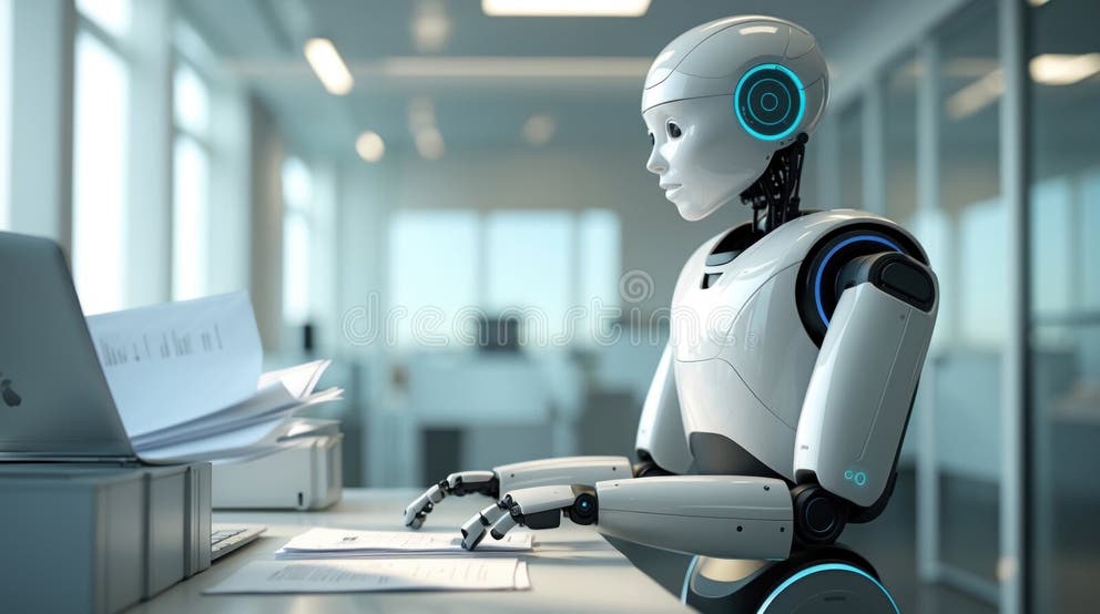 Advanced Robot in Modern Office Setting, Working on Documents and Technology Integration Stock ...