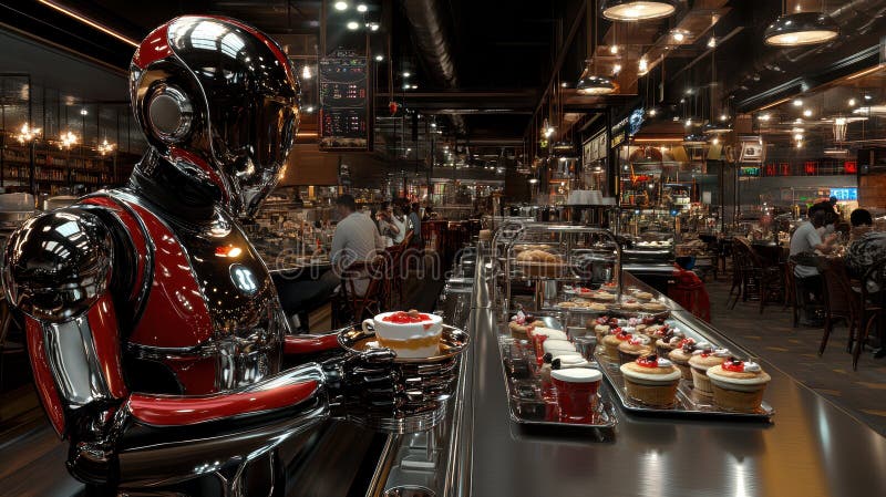 A Sleek Robot in a Futuristic Bakery Selects a Dessert, Representing ...
