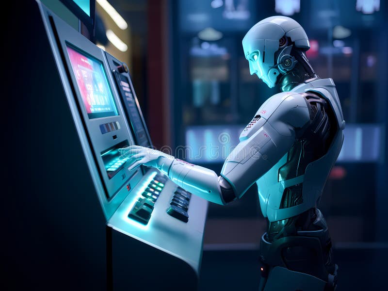 AI-Generated Robot Interacting with a Futuristic ATM Terminal Stock ...
