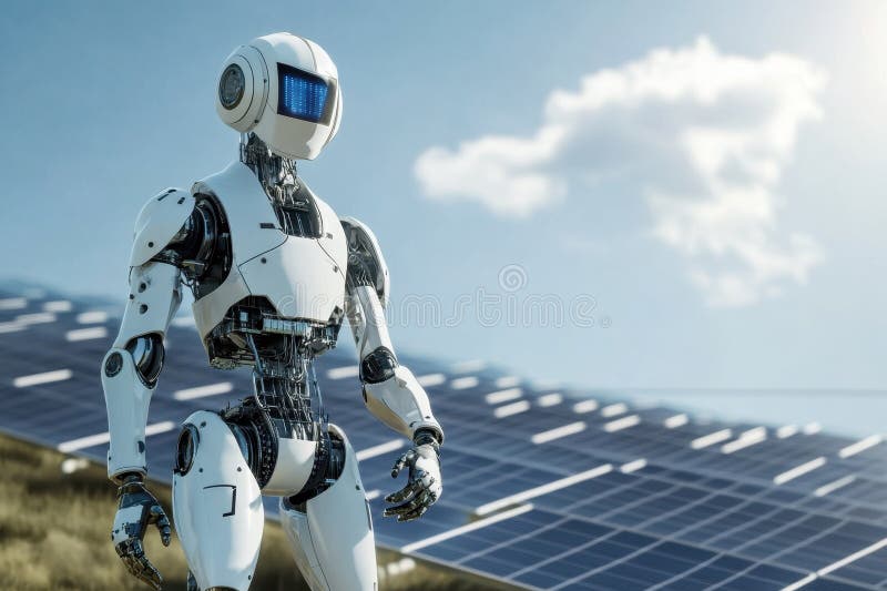 Futuristic Robot Exploring Renewable Energy Landscape Under Clear Skies ...