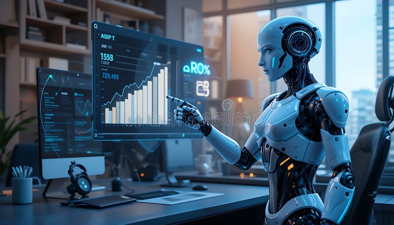Robot Analyzing Data on Screen in Modern Office Setting Indoors Stock ...