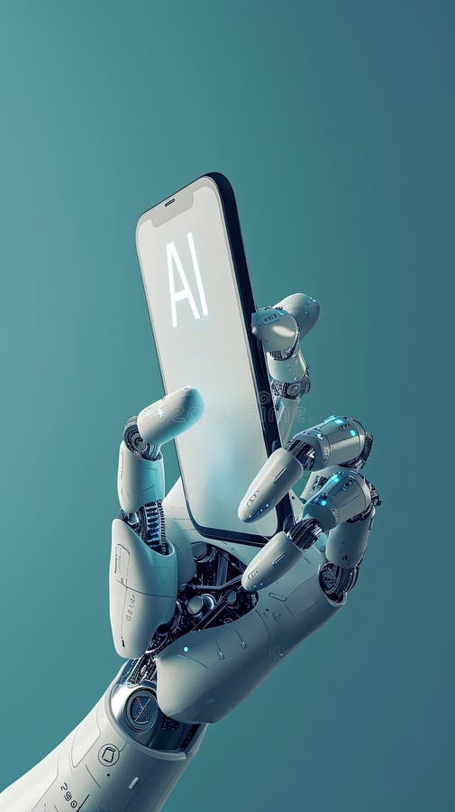 Sleek Robotic Arm Holding a Smartphone with AI Screen Against a Cool ...