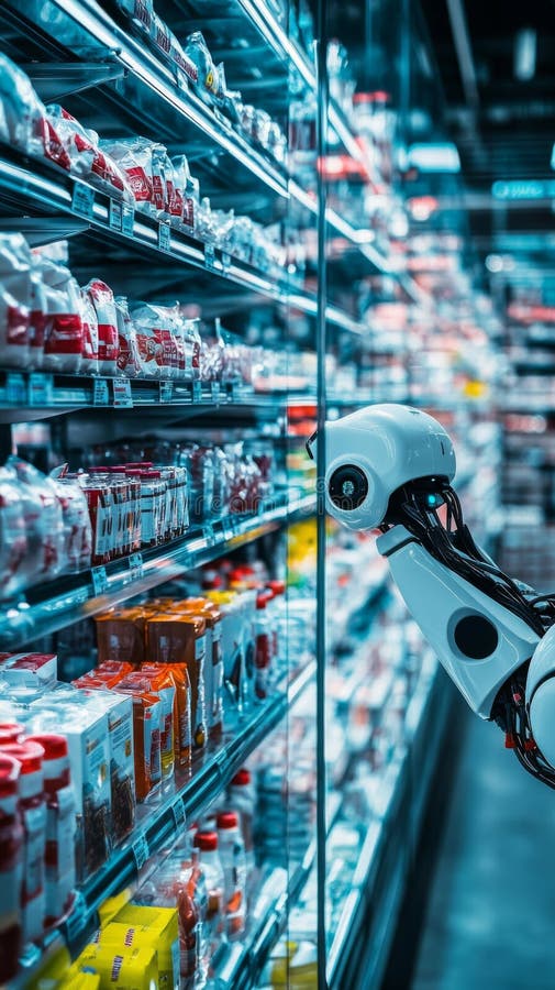 A Sleek Robotic Arm Interacts with Shelves Filled with Various Packaged ...