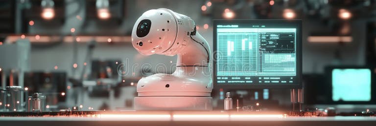 Sleek Robotic Device Analyzing Data on Monitors Stock Illustration ...