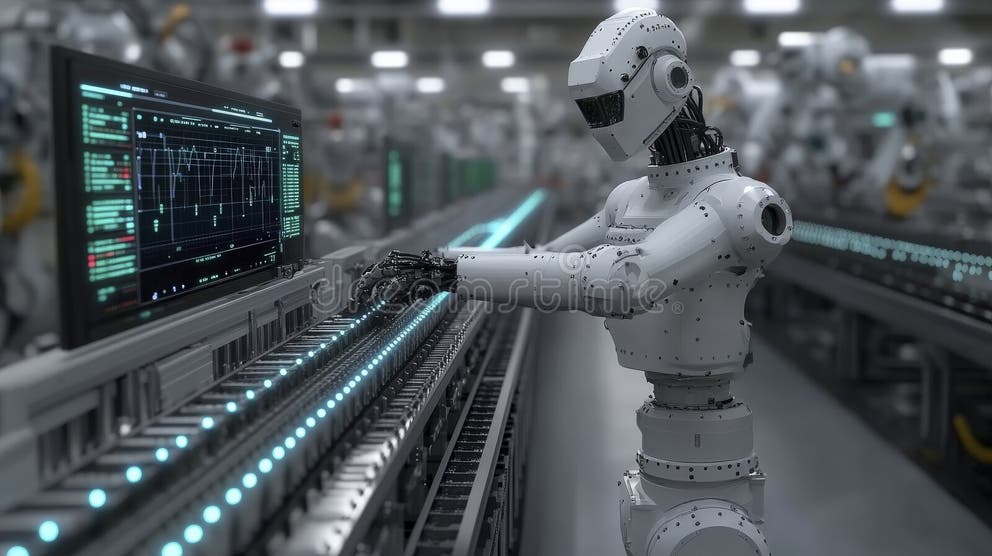 Sleek Robotic Figure Analyzing Digital Interfaces Stock Illustration ...