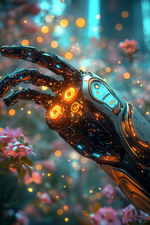 Sleek Robotic Hand Examining Vibrant Spring Flowers, Harmony of ...