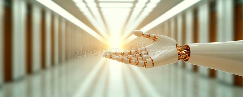 Metallic Robotic Hand Reaching, Golden Accents Touching Human Palm ...
