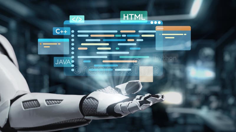 Futuristic Robot Hand Displaying Programming Languages and Code Snippets in a Technologically ...