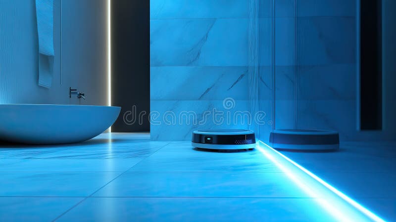 Sleek Robotic Vacuum Cleaning Hightech Bathroom at Night - Modern House ...