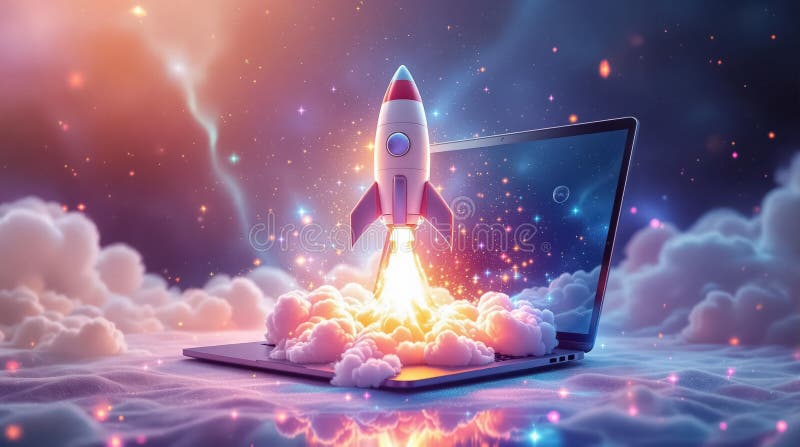 Sleek Rocket Blasting Off from an Open Laptop Screen, Symbolizing a ...