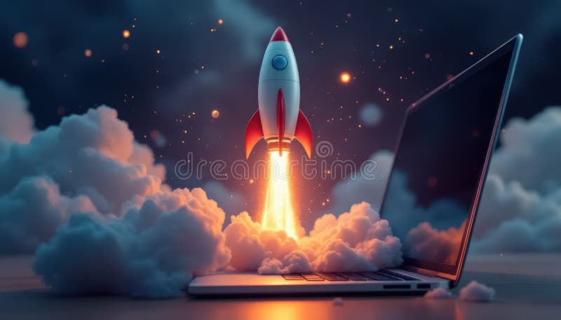 Sleek Rocket Blasting Off from an Open Laptop Screen, Symbolizing a ...
