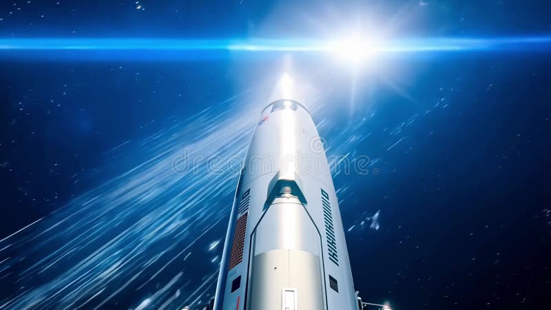 A Sleek Rocket Launches Upward into a Dark Starry Sky, Leaving Trails ...