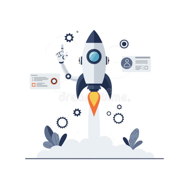 A Sleek Rocket Launching Amidst Gears and Digital Elements in a Flat ...
