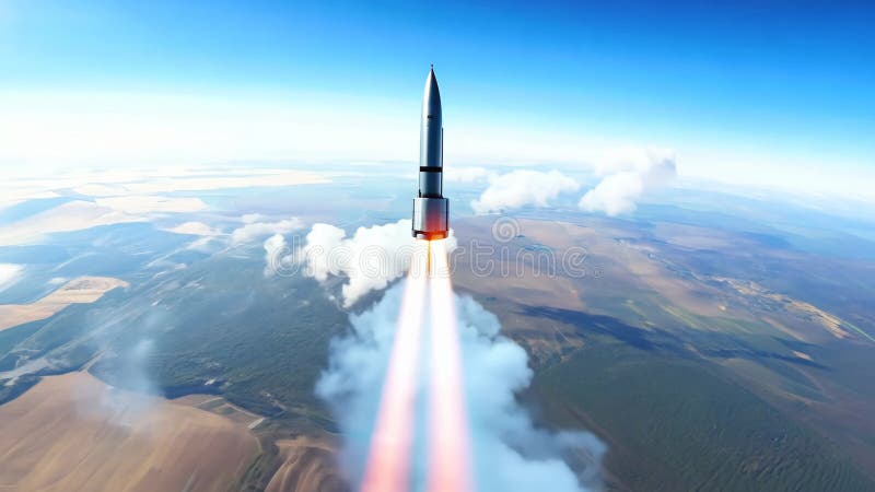A Sleek Rocket Launching into the Bright Blue Sky Above a Landscape of ...
