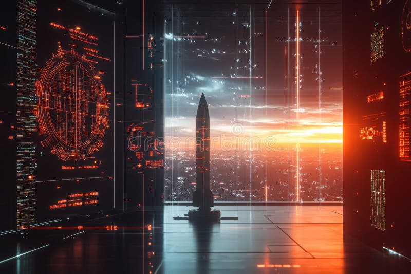 Modern Rocket Launch Preparation at Sunset in a Futuristic Control Room ...