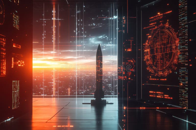 Modern Rocket Launch Preparation at Sunset in a Futuristic Control Room ...