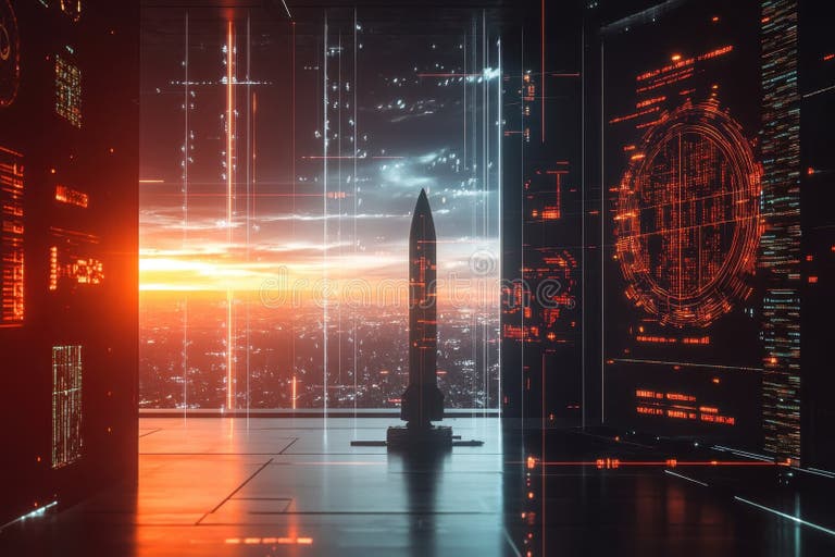 Modern Rocket Launch Preparation at Sunset in a Futuristic Control Room ...