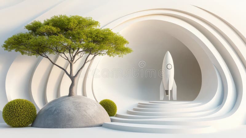Futuristic Rocket Sculpture in a Minimalist White Space with Greenery ...