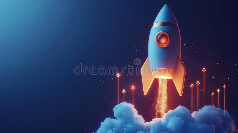 Futuristic Rocket Launch Concept with Glowing Arrows and Clouds Stock ...