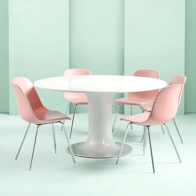 A Sleek Round Dining Table with Pastel Pink Chairs Against a Light Mint ...