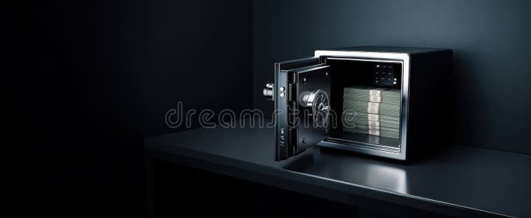 The Sleek Safe Showcasing Stacks of Money in a Dark, Modern Environment. AI Generated Image ...