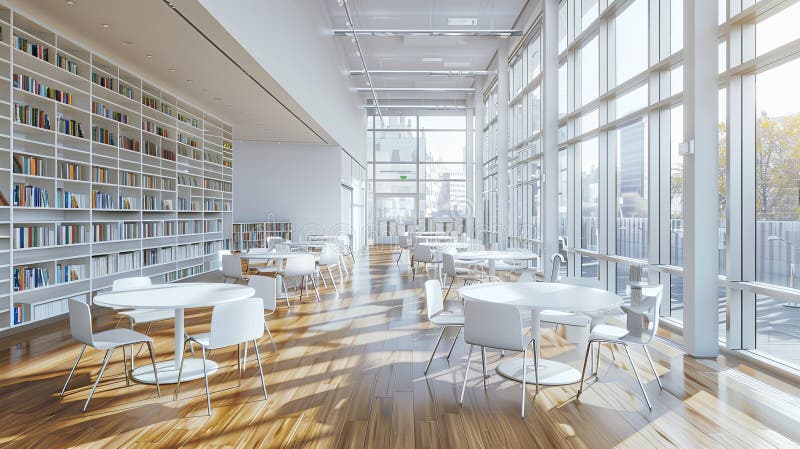 Sleek School Library with Expansive Windows Showcasing a Panoramic City ...