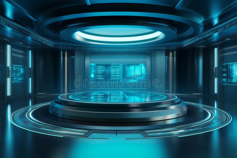 A Sleek Sci-fi Research Facility 3D Background Featuring a Circular Metallic Podium with Stock ...