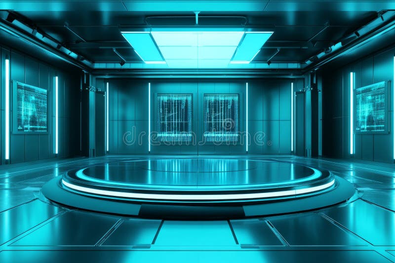 A Sleek Sci-fi Research Facility 3D Background Featuring a Circular Metallic Podium with Stock ...