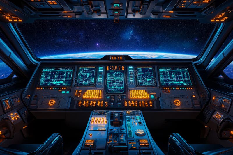 A Sleek Sci-fi Spaceship Cockpit 3D Background Room with a Massive ...
