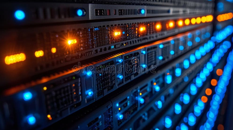 Sleek Server Racks Illuminated Blue LEDs Create High Tech Atmosphere ...
