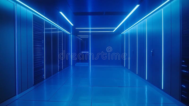 Sleek Server Room with Ambient Blue Light and Modern Design Stock ...