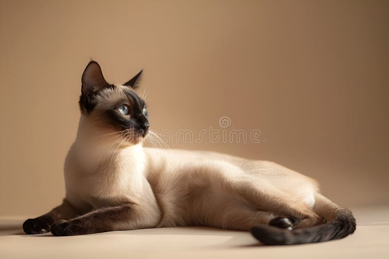 A Sleek Siamese Cat Resting Against a Soft Beige Background Stock Photo ...