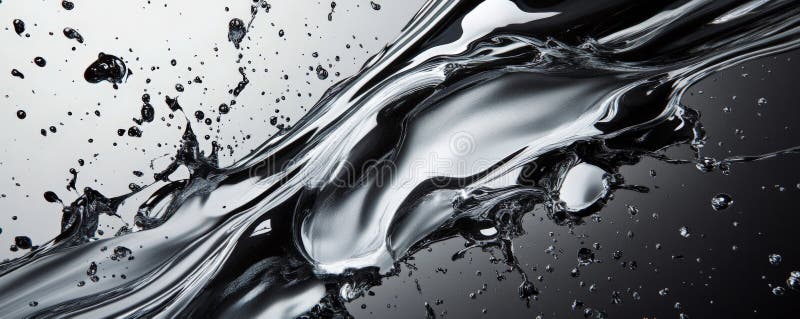 A Sleek Silver and Black Oil Splash in High Contrast, Creating a Glossy ...
