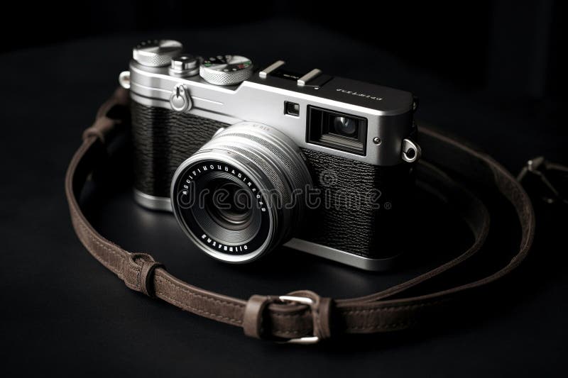 Silver Camera with Strap on Black Surface, Ai Artwork Stock ...