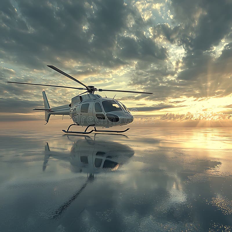 Helicopter at Sunset Reflection Stock Illustration - Illustration of ...