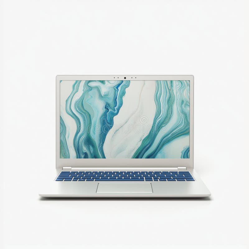 Sleek Silver Laptop with Artistic Blue and White Marble Screen Design ...