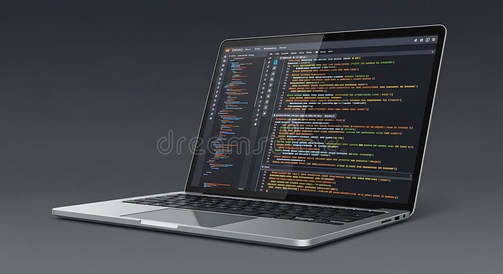 A Sleek, Silver Laptop Displaying a Code Editor on Its Screen. the Editor Shows Stock ...