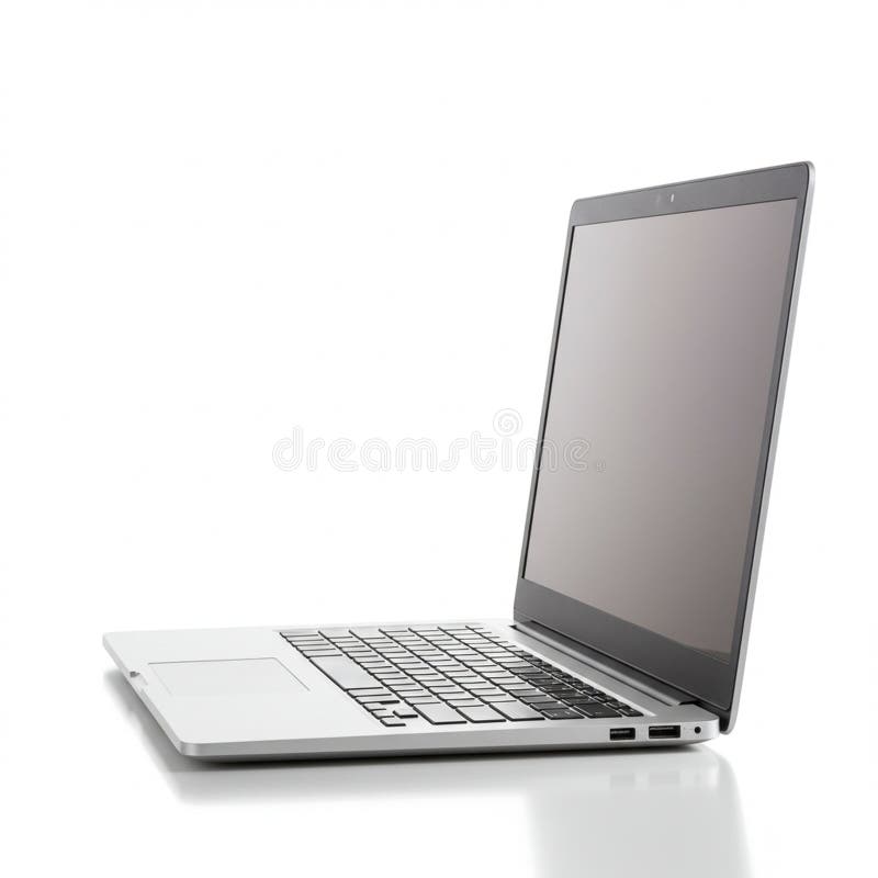 A Sleek, Silver Laptop Positioned at a Side Angle on a White ...