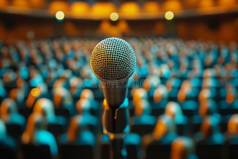 Silver Microphone on Stage with Blurred Audience in Background for ...