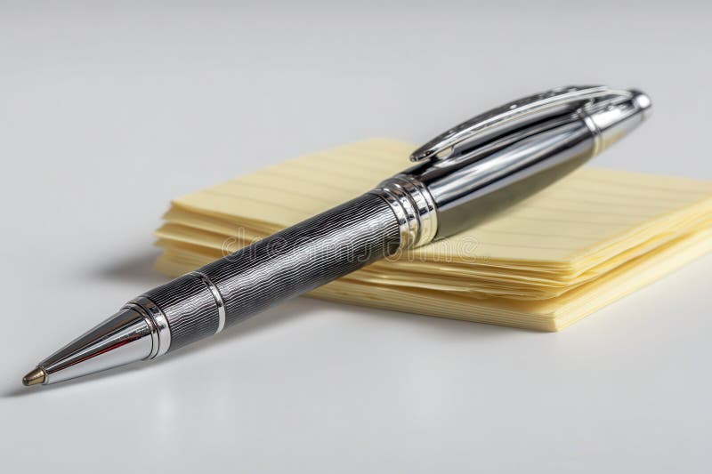 Sleek Silver Pen Resting on Neatly Arranged Stack of Yellow Notepad ...