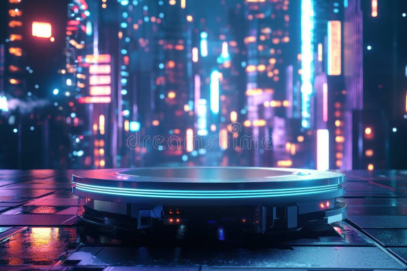 Sleek Silver Podium with Futuristic LED Lights in Vibrant Cityscape ...