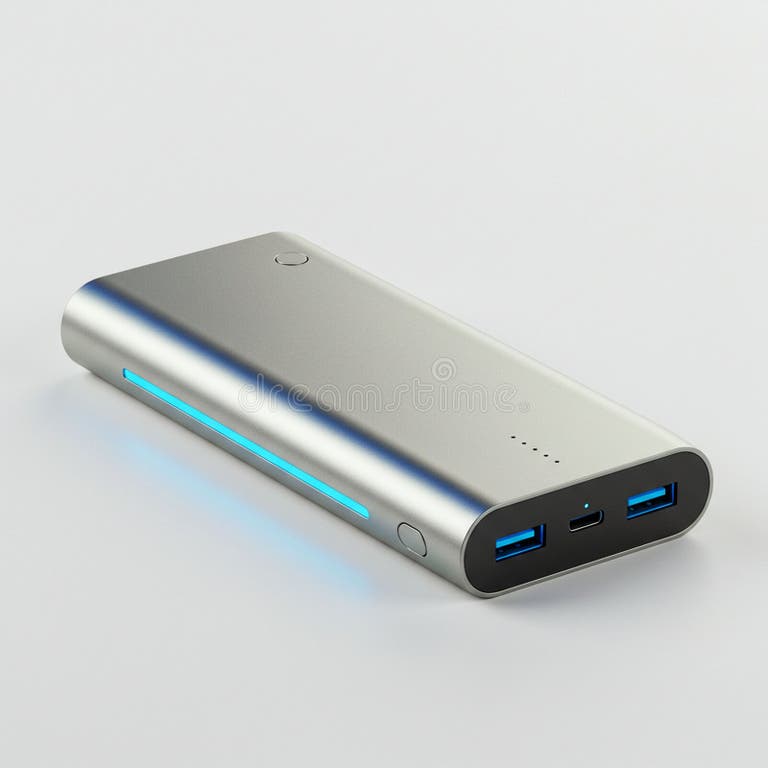 A Sleek, Silver Portable Power Bank with a Compact Rectangular Design ...