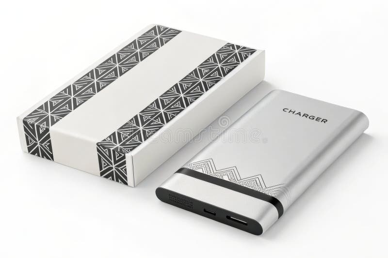 Sleek Silver Power Bank with Stylish Geometric Design and Box Stock ...