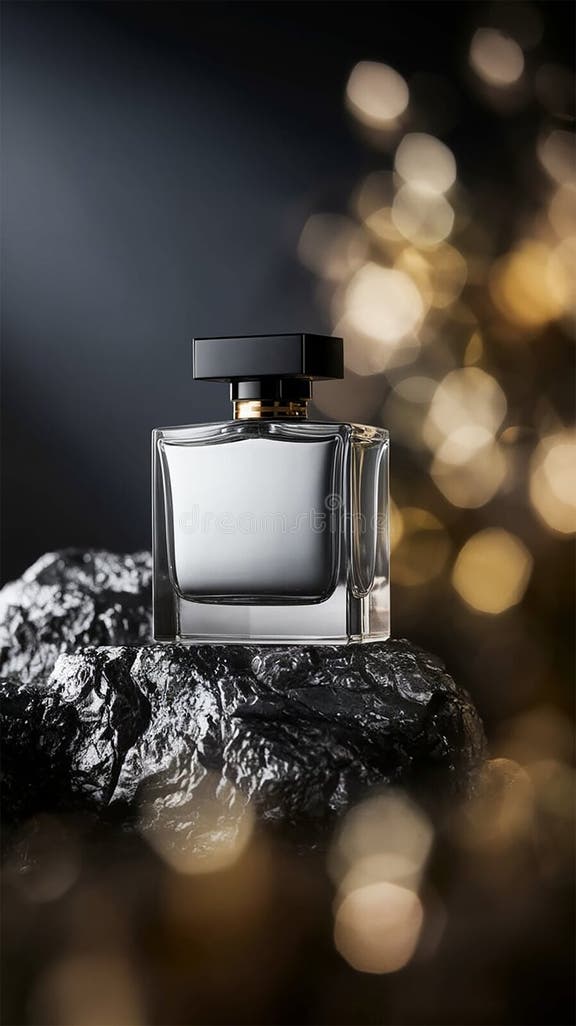 A Sleek Silver Rectangular Perfume Bottle with a Black Cap, Placed on a ...