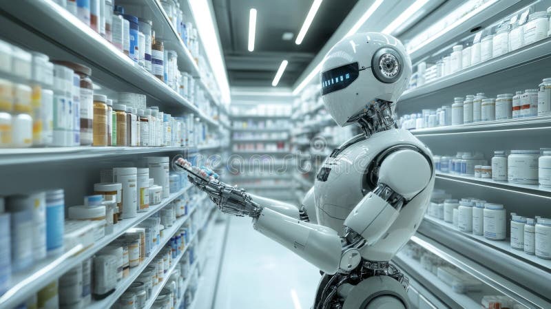 Sleek Silver Robot with Metallic Limbs in Modern Pharmacy Aisle Stock ...