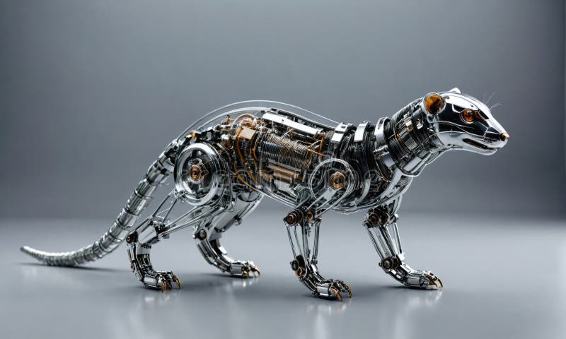 A Robotic Ferret Stands on a Gray Surface, Its Metallic Body Gleaming ...