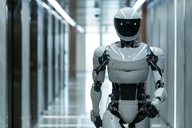 A Sleek Silver Robotic Security Guard Patrolling a High-security ...