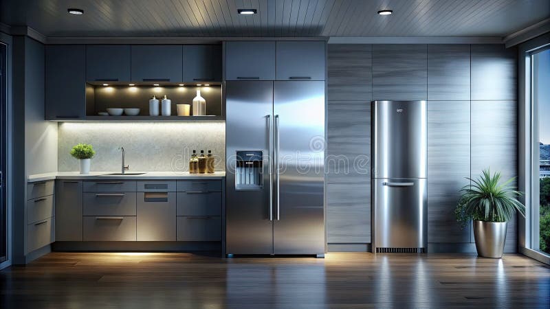 Sleek Silver SidebySide Refrigerator in Modern Kitchen Night ...