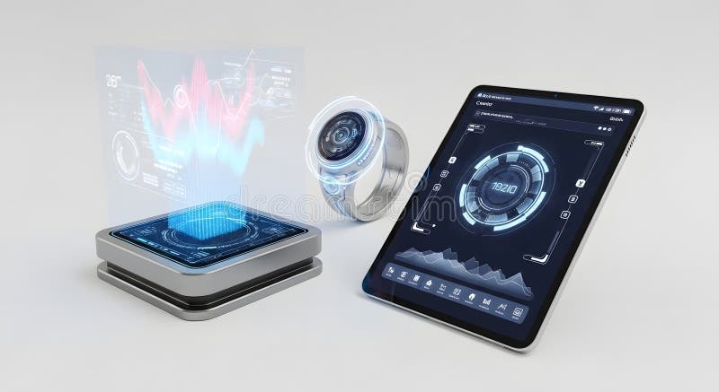 Futuristic Smart Devices: Holographic Interface, Tablet, and Smart Ring Stock Image - Image of ...