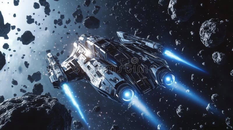 A Sleek Silver Spaceship with Blue Thrusters Speeds through a Dangerous ...